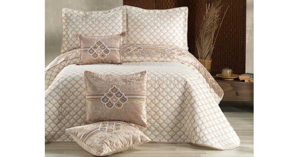 Set LUXURY DIVA 6 piese Cuvertura satinata cu broderie din catifea si 5 fete de perna, Alb-Bej ...